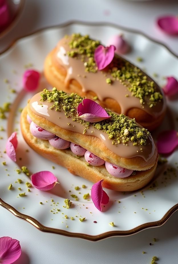 Rose Pistachio Éclairs: A Floral Pastry Delight – Baked Twist